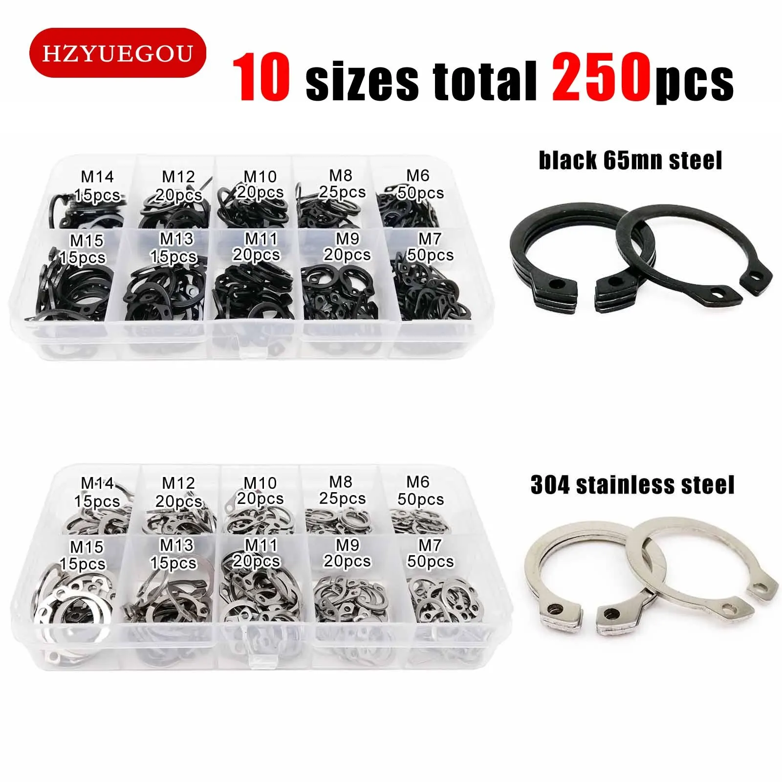 250pcs/box C Type External Circlip Clip Snap Ring Mix M6 to M15 Kit Set ...