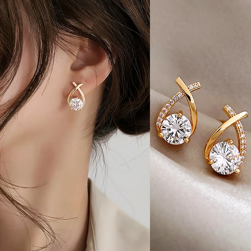 Gold Color Metal Fashion Korean Earrings For Women Sparkling Zircon Ear ...