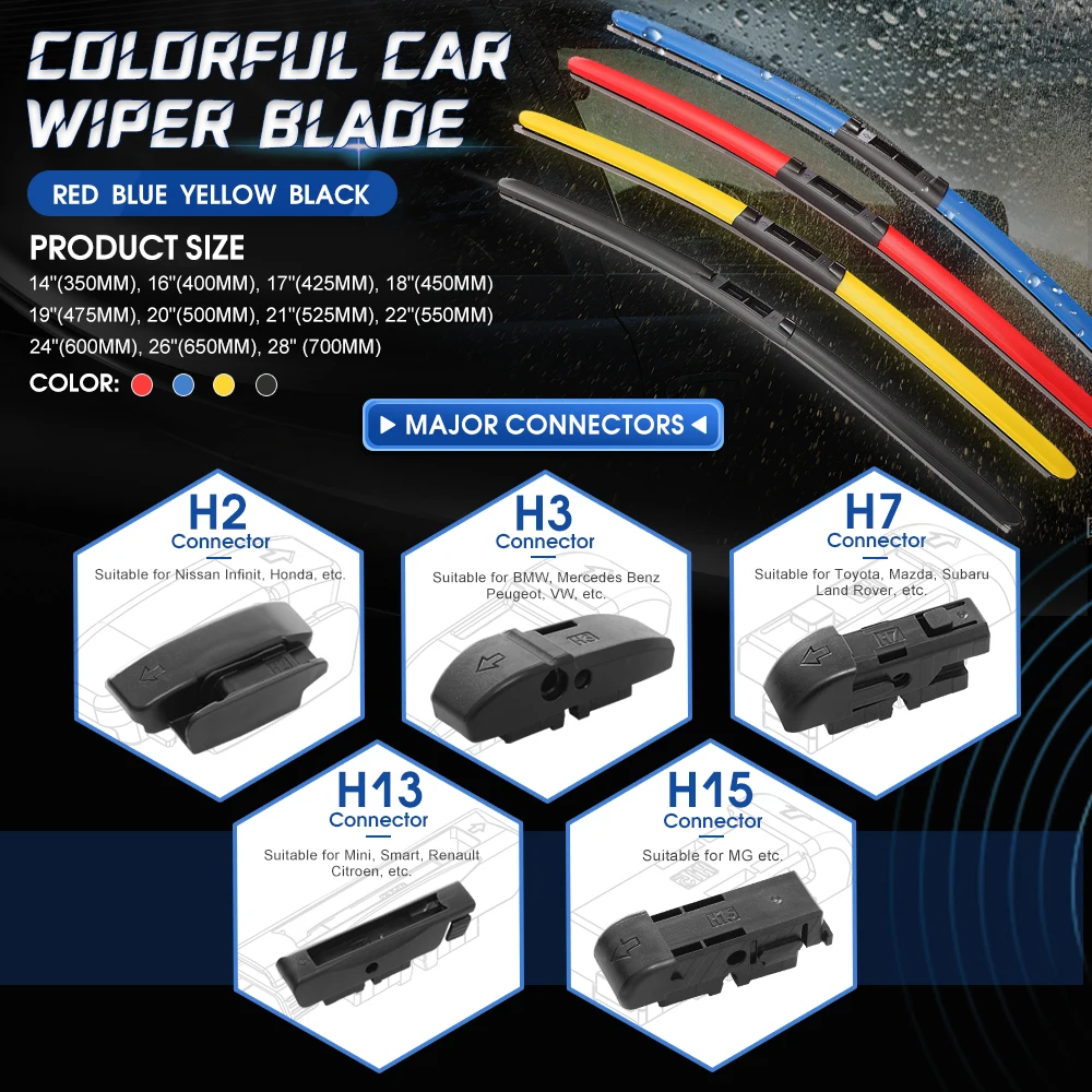 Hesite Colorful Wiper Blade 14 16 17 18 19 20 21 22 24 26 28 Inch Red Blue Yellow Hybrid Wipers ...