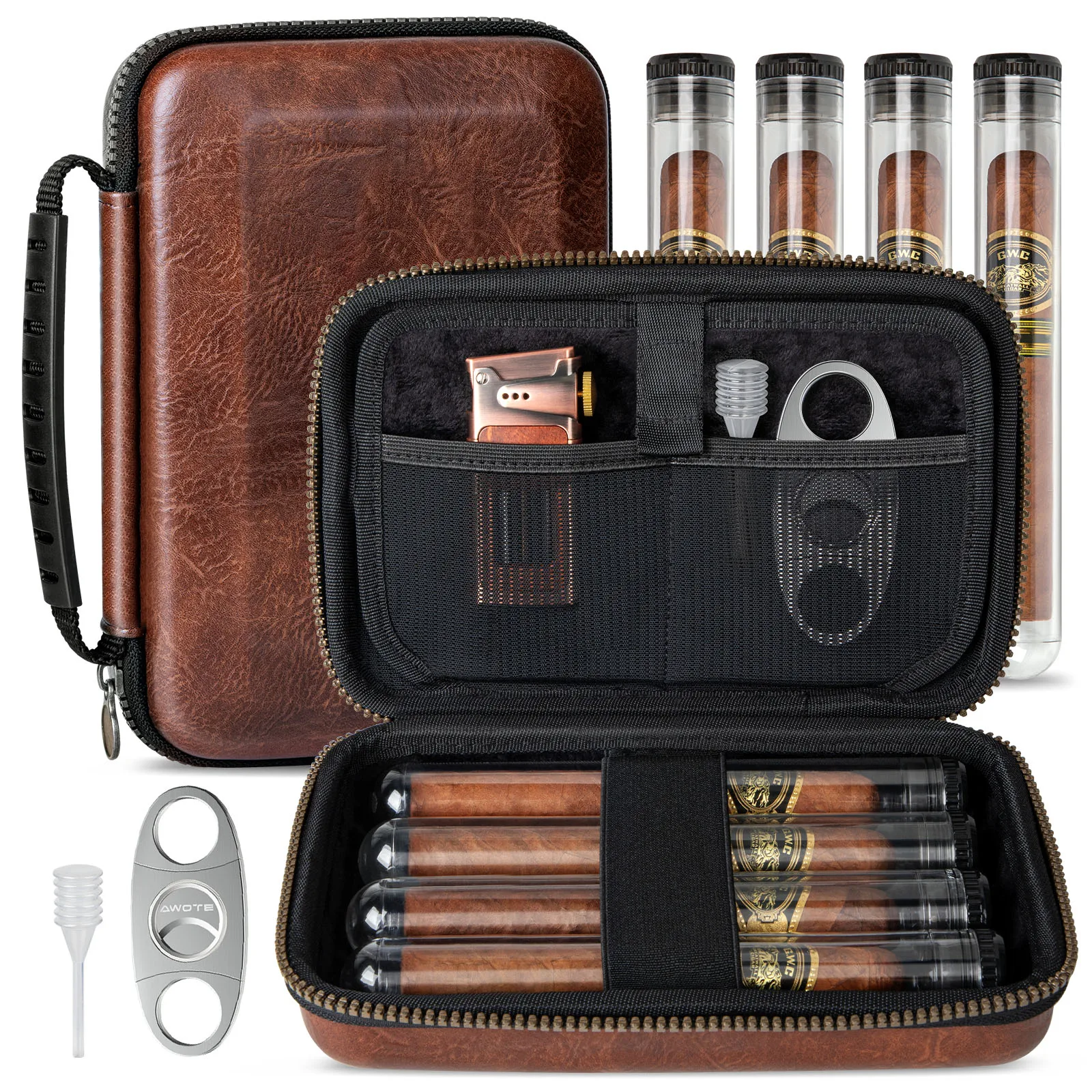 AWOTE Leather Travel Cigar Humidor with 4 Cigar Tube and Cigar Cutter ...