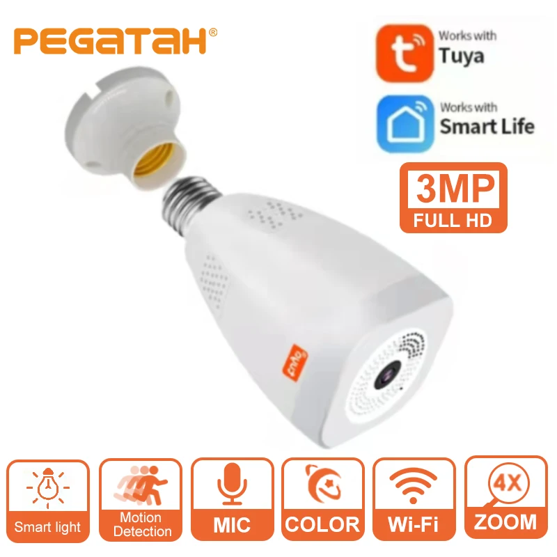 PEGATAH 3MP Tuya Light Bulb Wifi Camera Full HD 360° Panorami Wireless ...