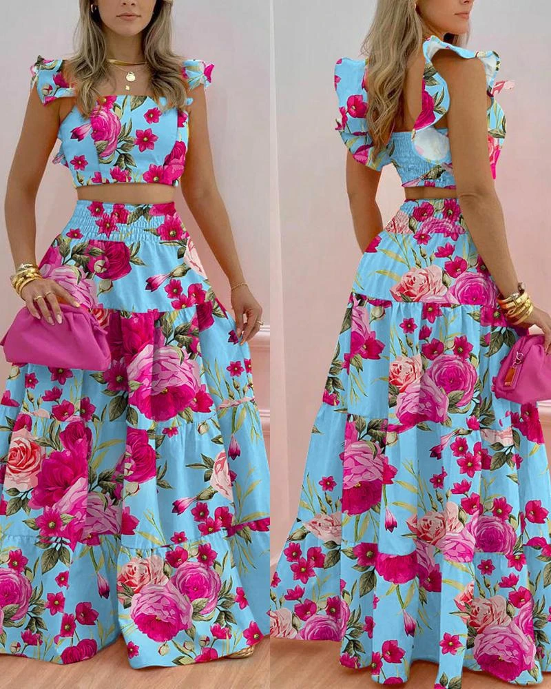 Floral Imprimir Shirred Crop Top & Maxi Saia Set Mulheres 2pcs Roupas ...