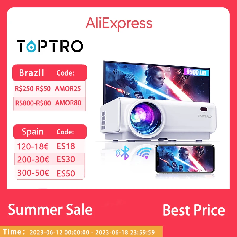 TOPTRO TR21 Mini Projector 9500Lumens WiFi Bluetooth Projector Support ...