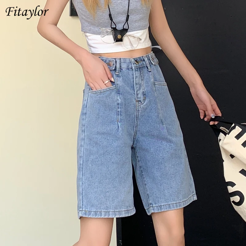 Fitaylor 여성용 레트로 하이 웨이스트 스트리트웨어 포켓 버뮤다 청바지 반바지 캐주얼 데님 루즈 A 라인 와이드 레그