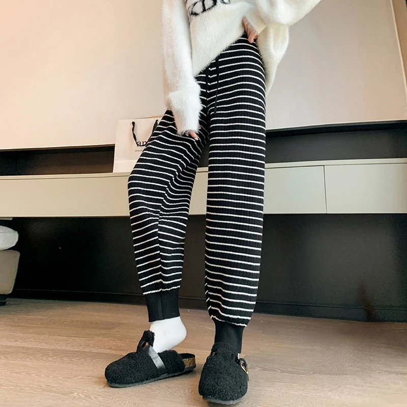 Striped-Padded-Knitted-Pants-Women-s-Drawstring-High-waisted-Loose ...