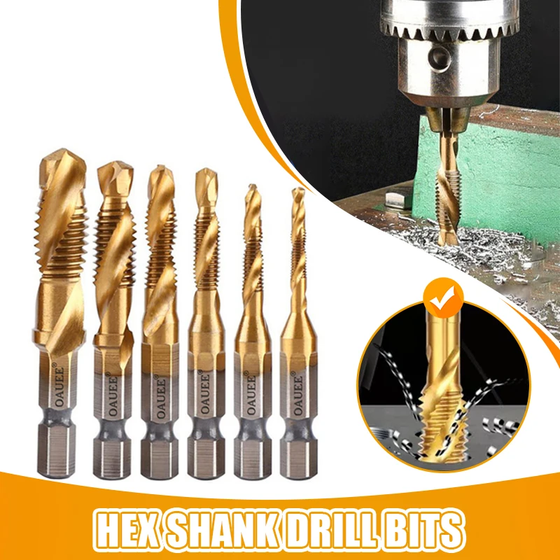 6Pcs-Tap-Drill-Bit-Hex-Shank-Titanium-Plated-HSS-Wood-Drilling-Thread ...