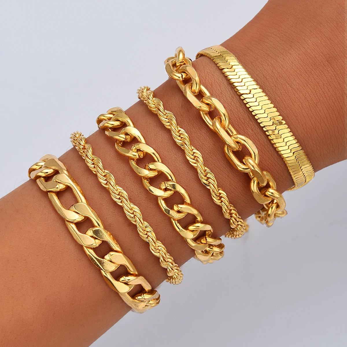 6pcs Simple Punk Gold Color Chain Bracelet Set Chunky Metal Link Chain ...