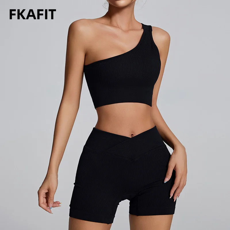 Workout-Clothes-For-Women-Single-Strap-Sports-Bra-High-Waist-Mini ...