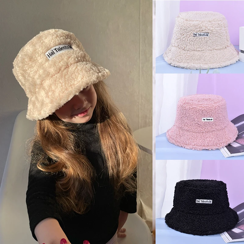 Children-Winter-Warm-Bucket-Hat-Solid-Letter-Lamb-Wool-Baby-Girl-Boy ...
