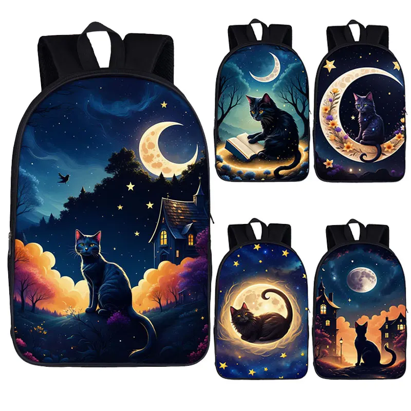 Cute-Black-Cat-Moon-Print-Backpack-for-Teenager-Boy-Girl-School-Bags ...