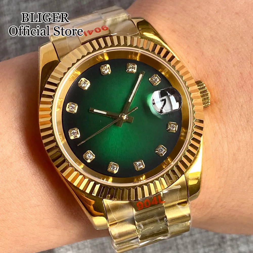 BLIGER 36mm 39mm NH35 Silver Gradient Green Dial Gold Diamond Index ...