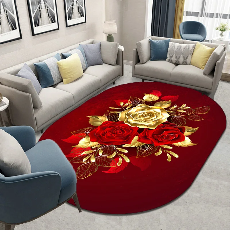 3D-Gold-Rose-Flower-Printed-Flannel-Oval-Carpet-Area-Rug-Cartoon-Area ...