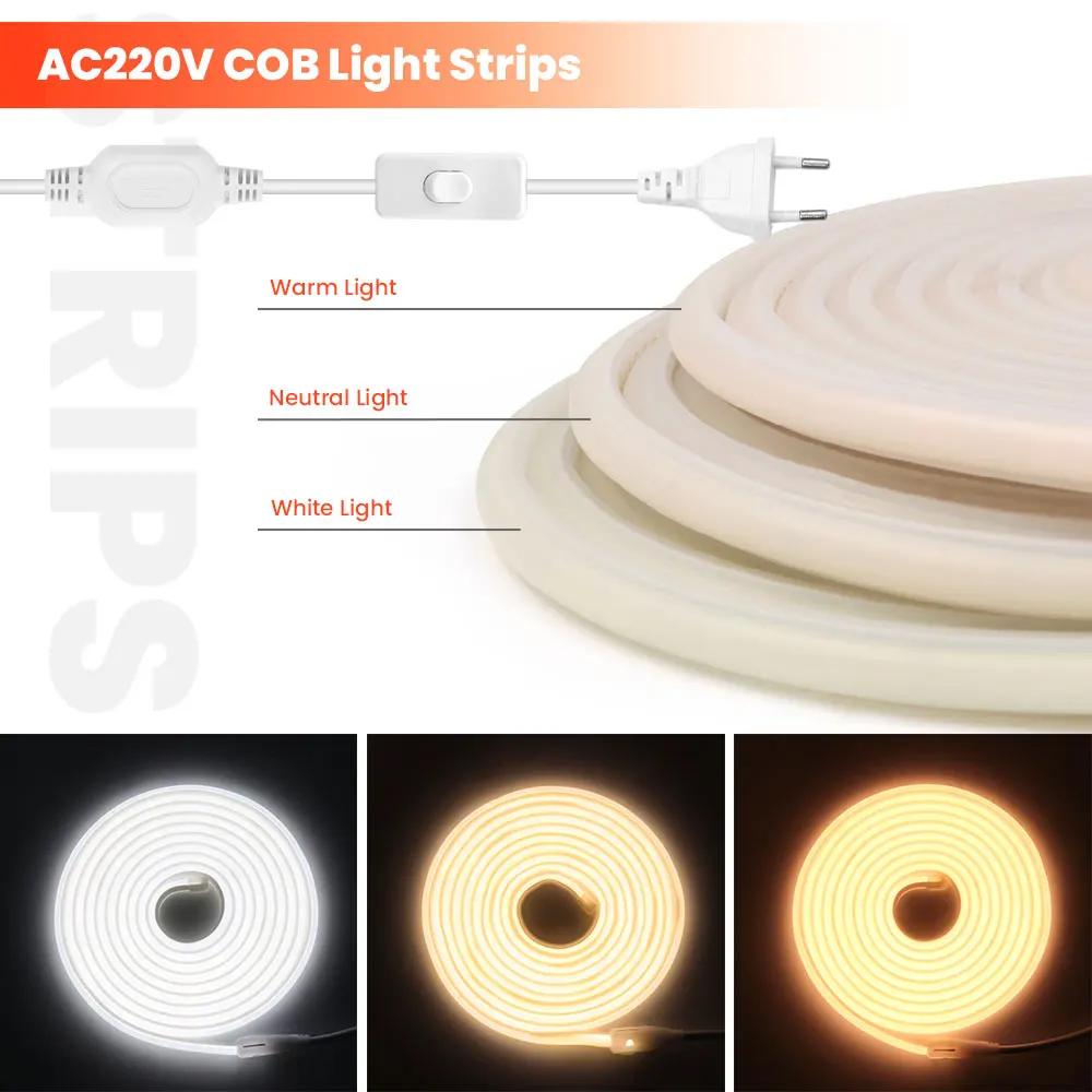 Tira de luces LED COB de neón, cinta de 220V, 288LED/m, alto brillo FOB ...