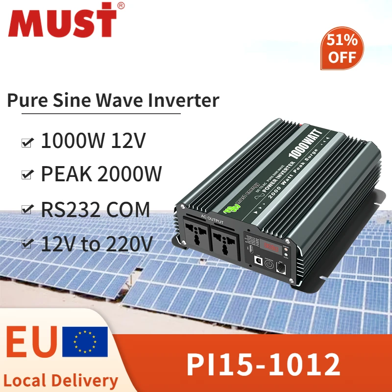 MUST ENERGY Pure Sine Wave Power Inverter 12V 220V 1000W 1KW DC to AC ...