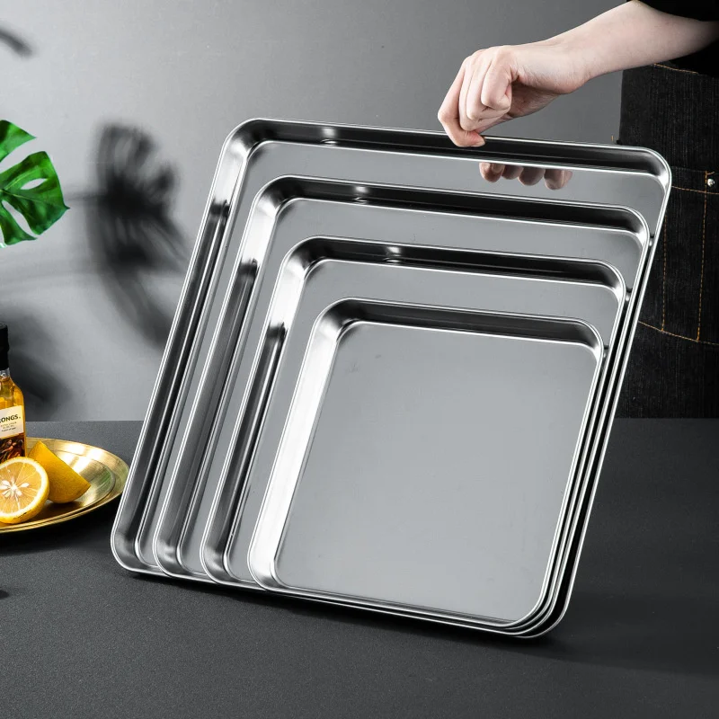 304-Flat-Bottom-Stainless-Steel-Square-Tray-Baking-Pan-Multifunctional ...