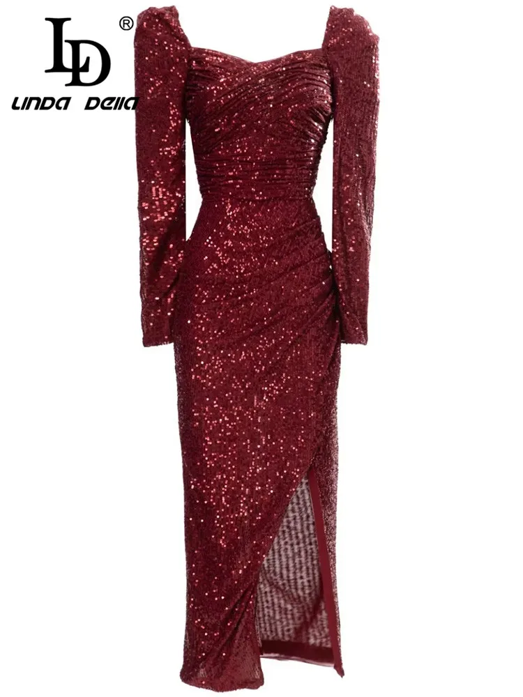 Ld-linda-della-vestido-de-manga-comprida-feminino-lindo-lantejoulas-gola-quadrada-magro-sexy ...