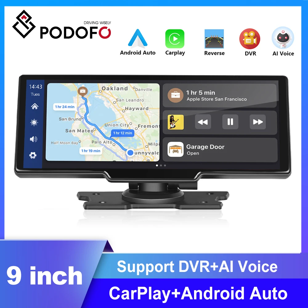 Podofo 9.3" Mirror Monitor Dash Cam Rearview Camera Wireless Carplay ...