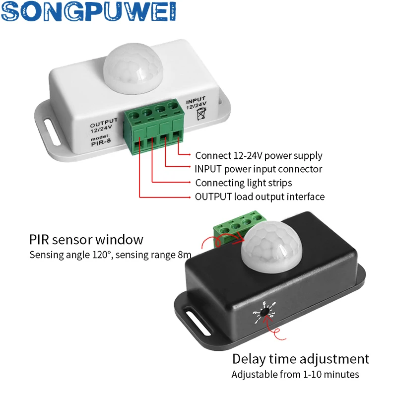 1PCS-DC-12V-24V-8A-Automatic-Adjust-PIR-Motion-Sensor-Switch-IR ...