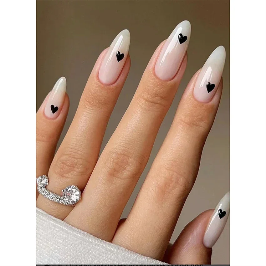 24Pcs-Set-White-Long-Almond-Fake-Nails-Art-Black-Heart-Oval-Artificial ...