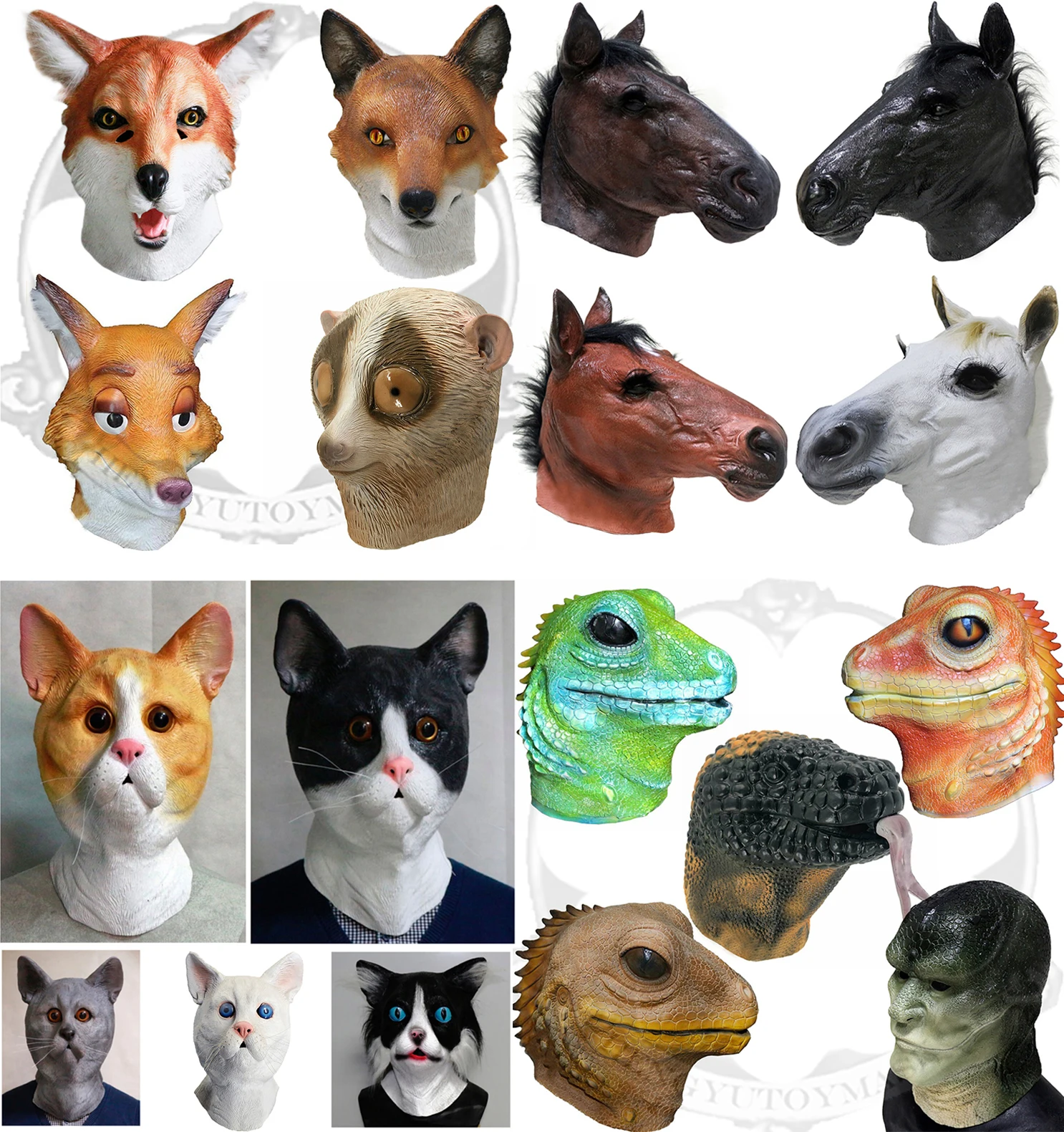 Animal Head Latex Masks Adult Reptiles Lizard Cat Fox Mask Horse Rubber ...