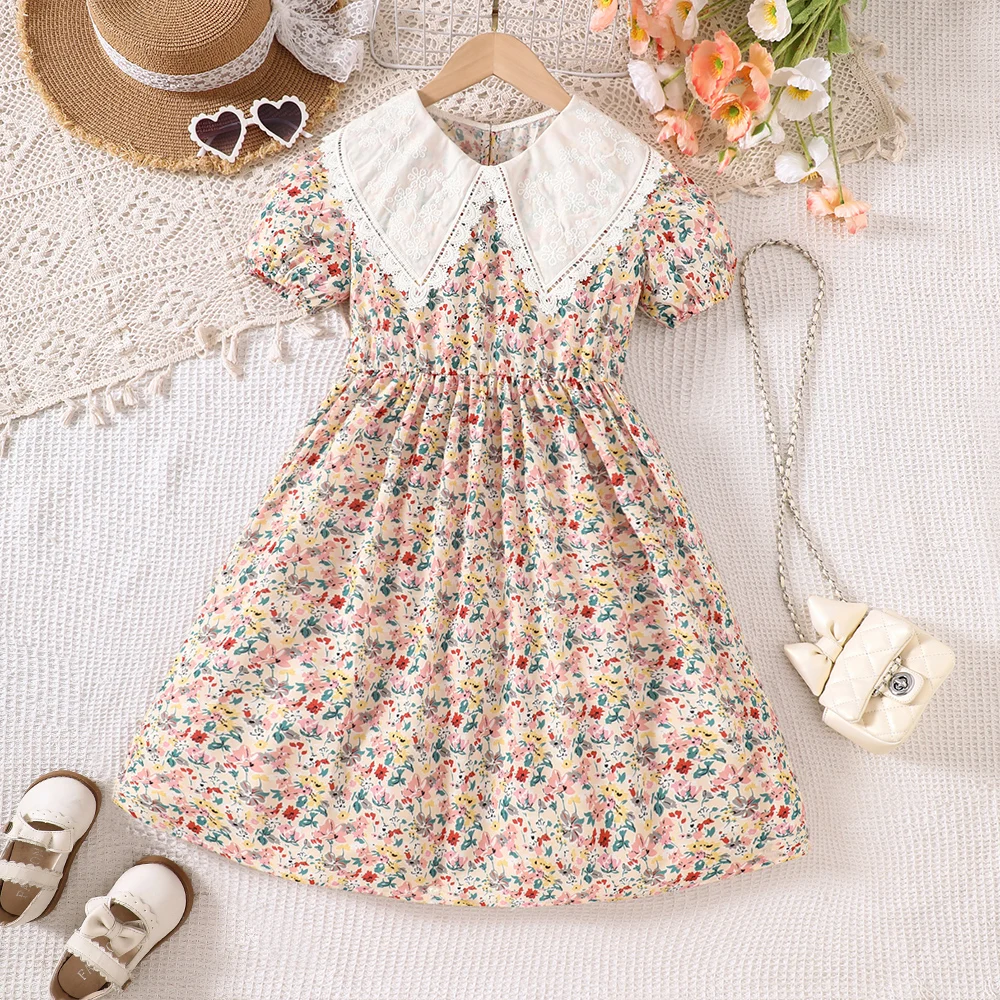 Tween Girls' Floral Print Dress - White Lace Large Collar & Puff ...
