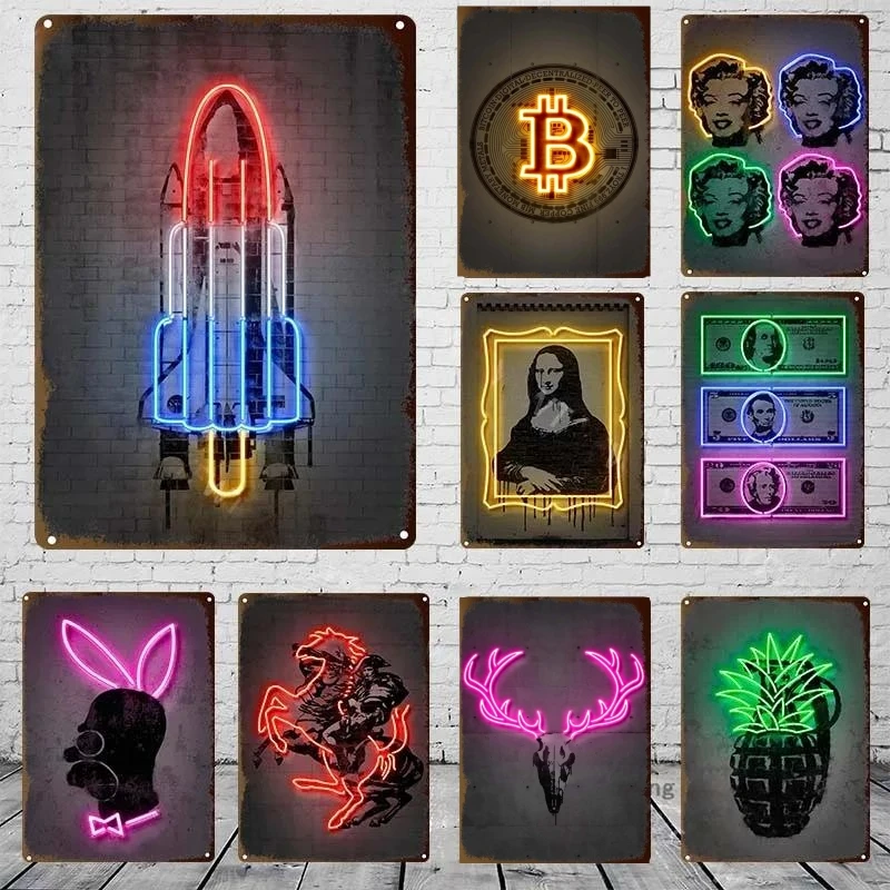 Metal-Tin-Signs-Various-Elements-Neon-Effect-Rocket-Grenade-Dollar-Mona ...