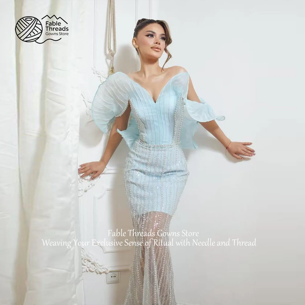 FableT Illusion Sky Blue Mermaid Prom Dress Sexy Sequins Off Shouler ...