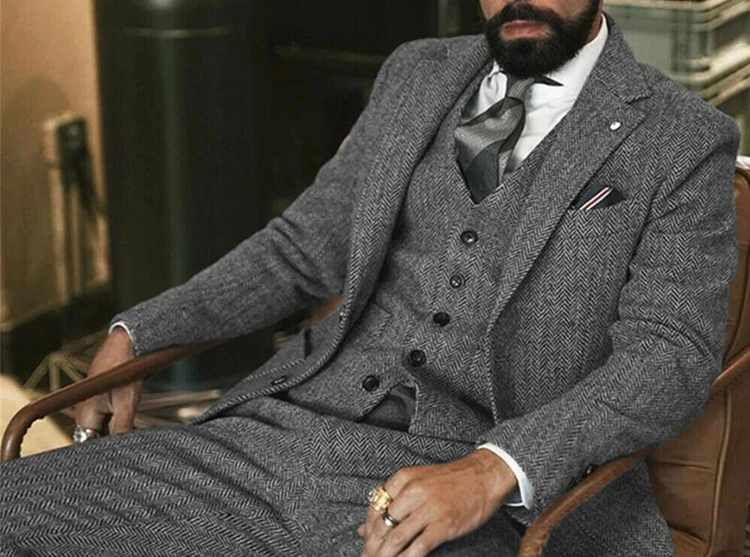 Terno-de-Tweed-de-3-pe-as-masculino-l-cinza-espinha-de-espinho-smoking ...