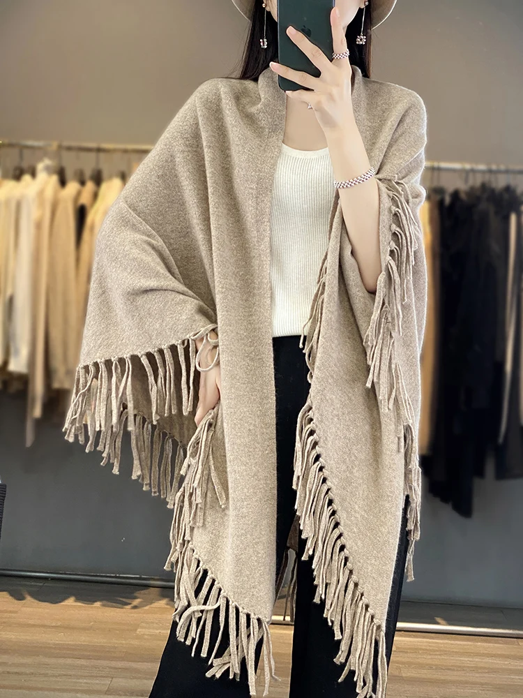 Autumn Winter New 100% Pure Wool Knitted Scarf Shawl Women Large Tassel ...
