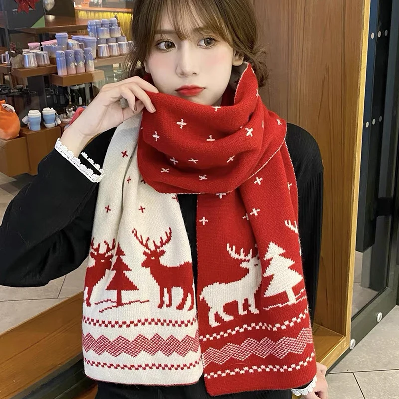 Winter Warm Scarf for Women Men Deer Elk Double-Sided Knitted Scarves ...