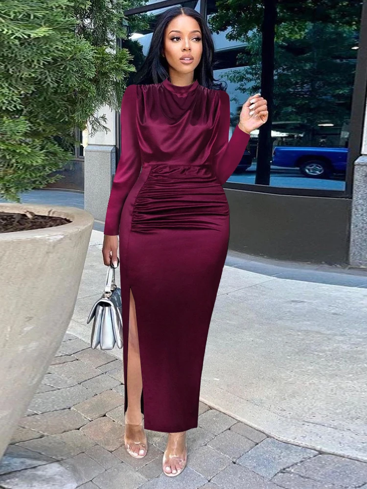 Aomei Women Party Shiny Dress Pleated Long Elegant Folds Slit High ...