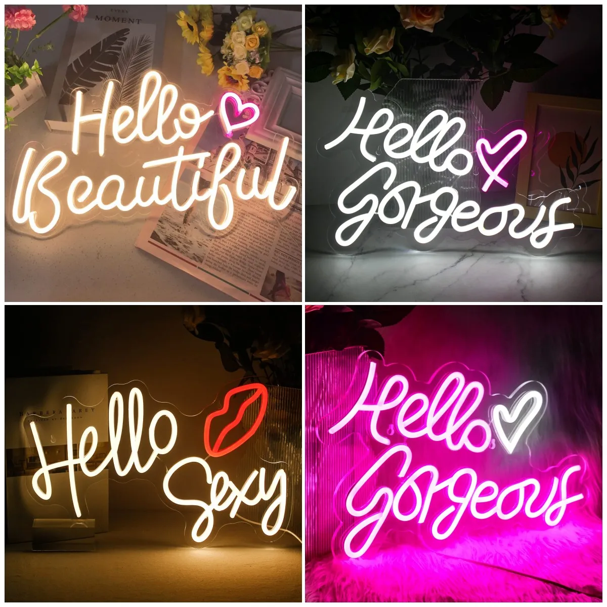 LED Light Made Neon Sign Hello Beautiful Bedroom House Wedding Bar ...