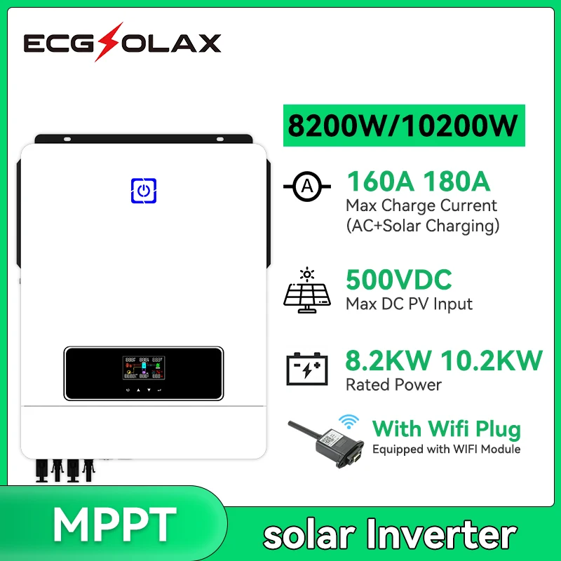 ECGSOLAX 8.2KW 10.2KW Hybrid Solar Inverter 48V 230VA MPPT 160A/180A Charging Controller PV Max ...