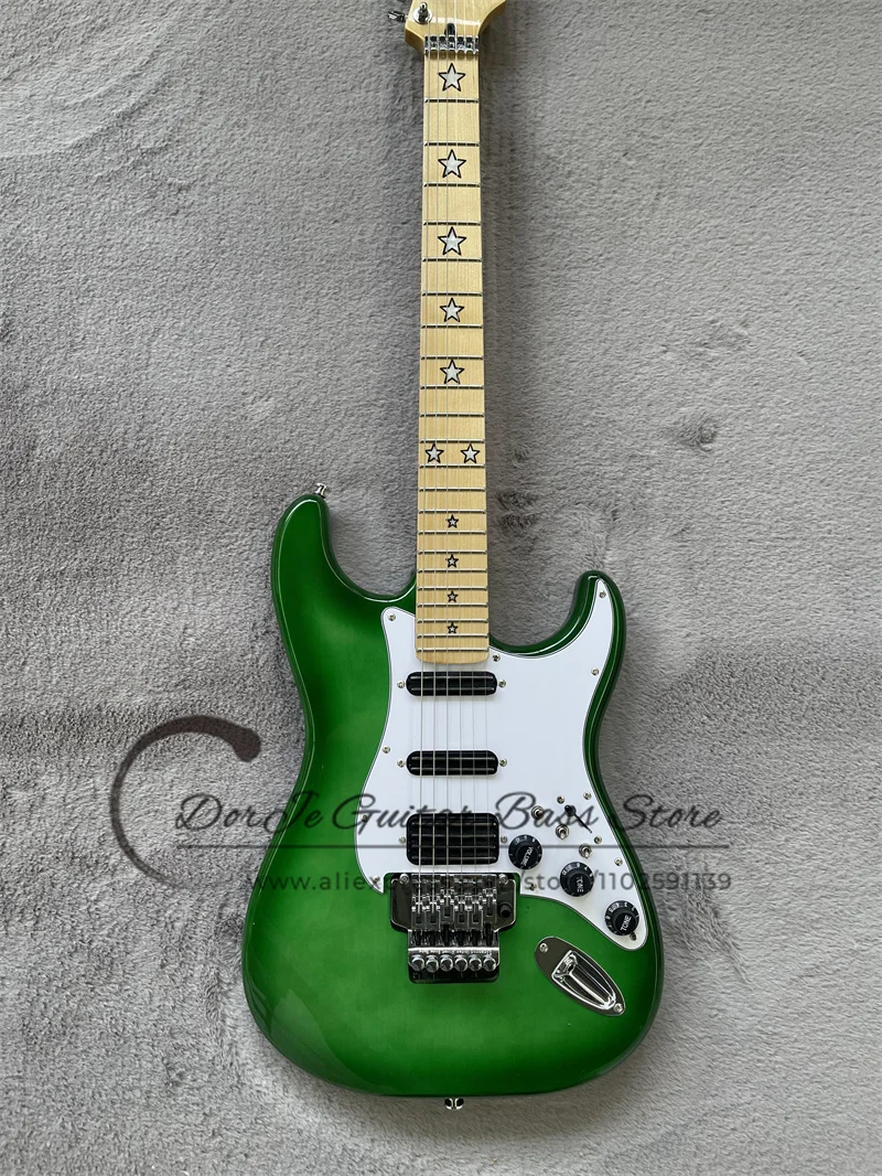 Green-Electric-Guitar-Stra-Body-Tremolo-Bridge-Stars-Inlay-Maple ...