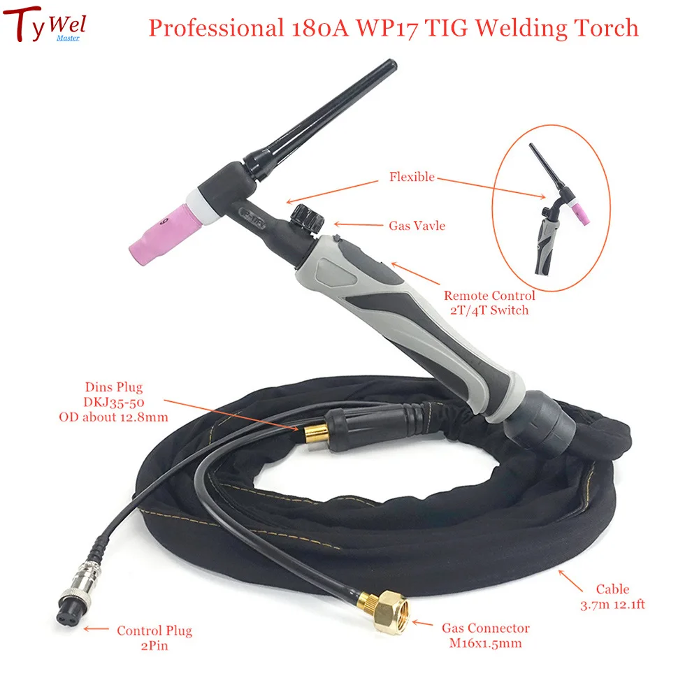Professional 180A WP17 FV TIG Torch 3.7m GTAW Air Cooling Flexible Neck ...