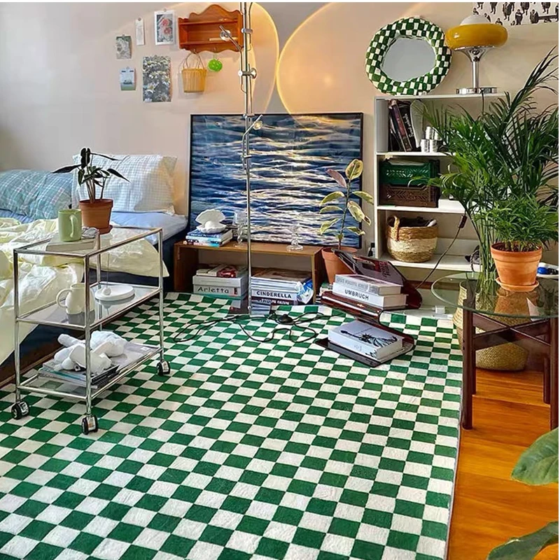Retro Green White Checkered Carpet Rug Moroccan for Living Room Bedroom ...