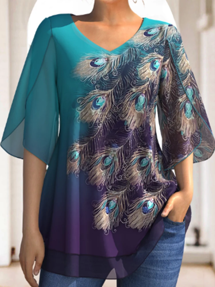 Top-de-flores-de-doble-capa-con-cuello-en-V-para-mujer-Camiseta-holgada ...