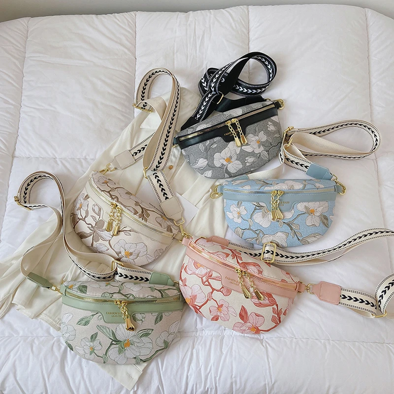 Elegant-Flower-Printed-PU-Leather-Waist-Bags-for-Women-Chain-Zipper ...