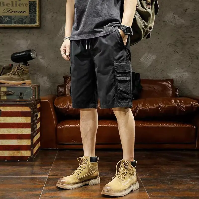 Short-Pants-for-Men-with-Draw-String-Solid-Black-Mens-Cargo-Shorts ...