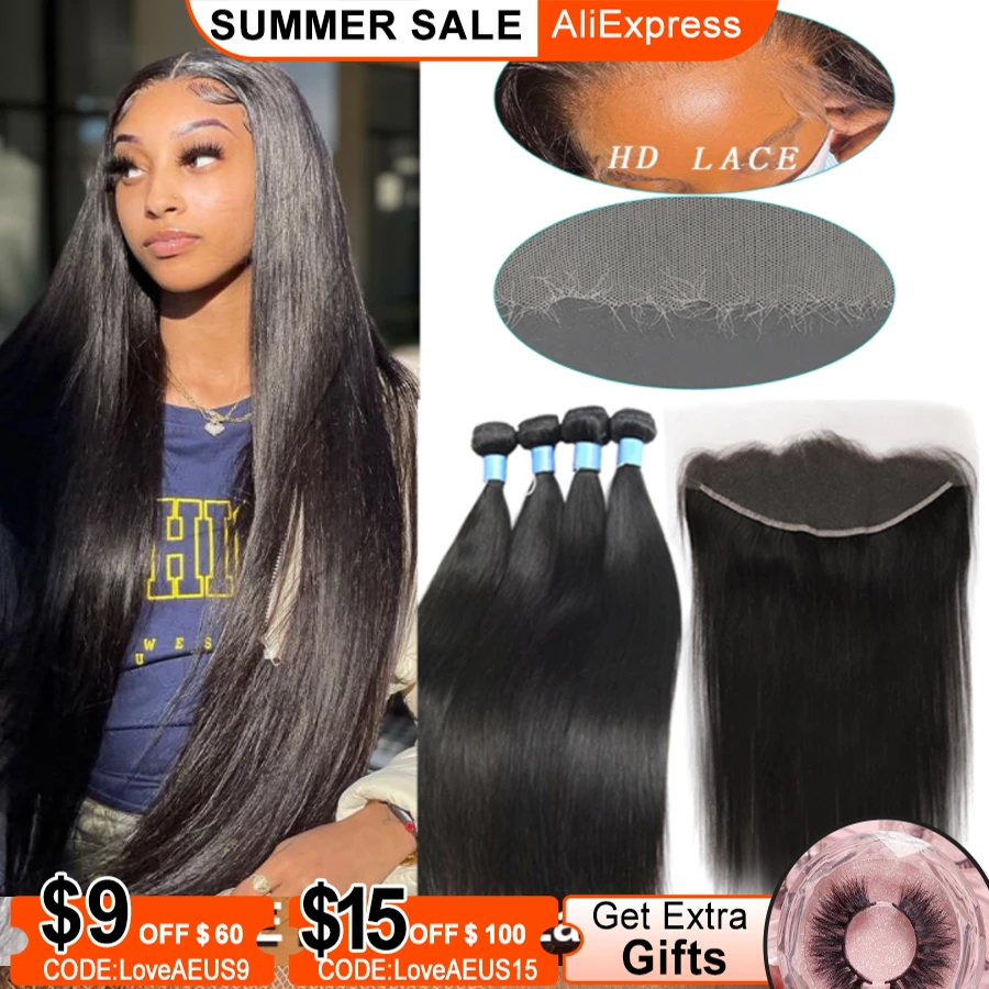 32 Inch Bone Straight Hair Bundles With Hd Lace Frontal Melt Skins ...