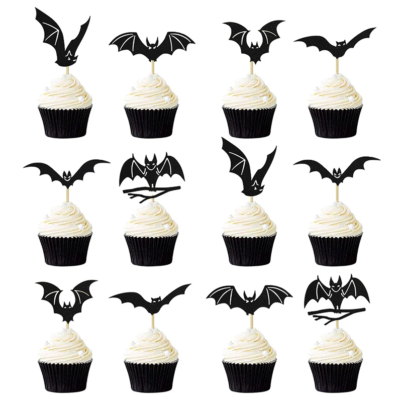 12-24Pcs-Halloween-Bat-Cupcake-Toppers-Mixed-Black-Bat-Cupcake-Pick ...