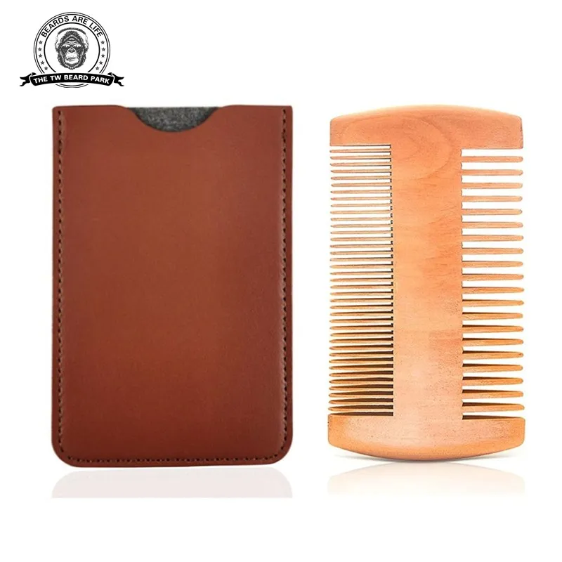Natural-Beech-Wooden-Beard-Comb-Leather-Case-For-Men-Dual-Action-Fine ...
