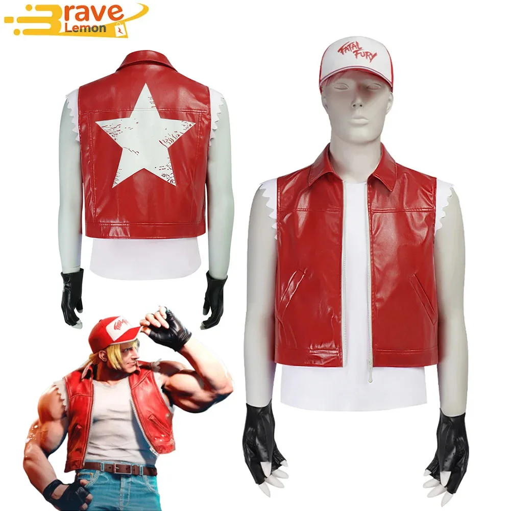 Terry Bogard Cosplay Men Fantasy Vest Coat Top Hat Gloves Set Costume ...