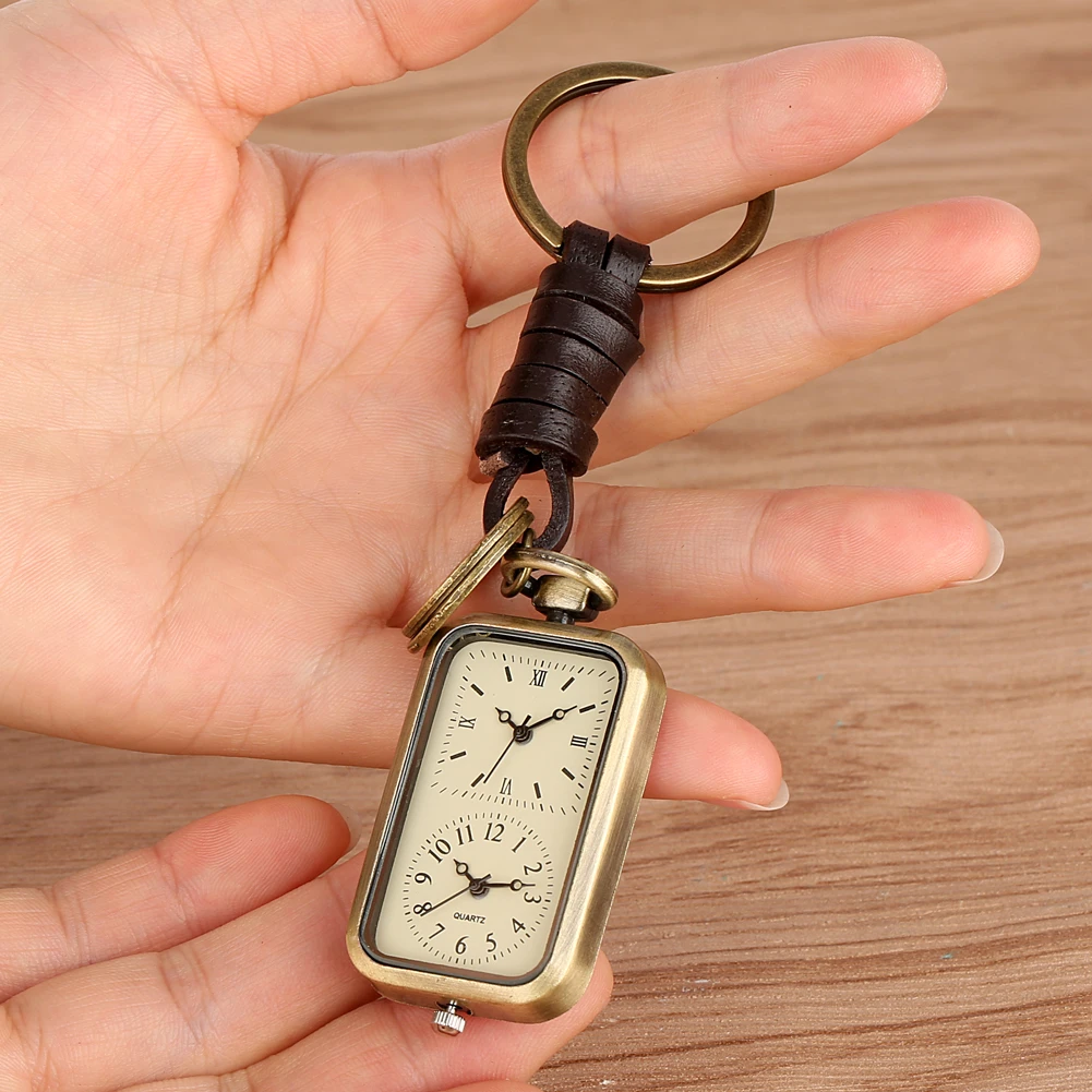 Keychain Pocket Watch Bronze Retro Square Dual Time Zone Roman and ...