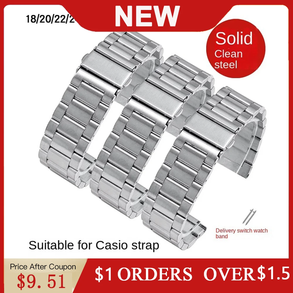 20mm 22mm Metal Strap For Casio For Seiko Three Bead Stainless Steel ...