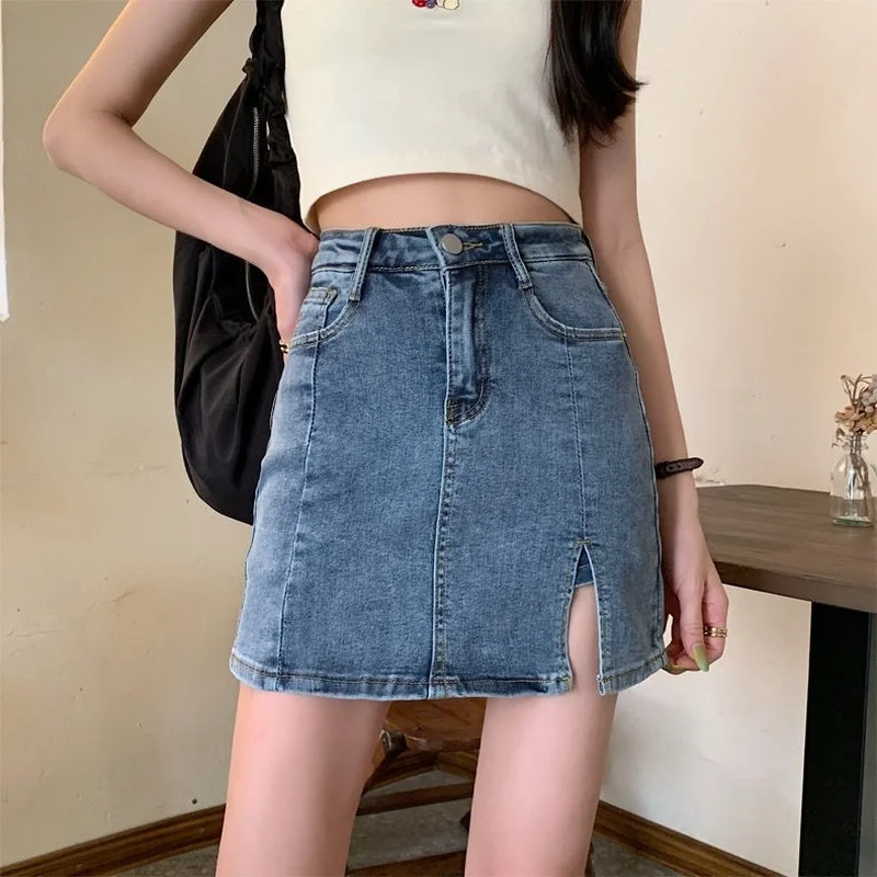 미니 스커트 여성 사이드 슬릿 디자인 프렌즈 데님 엠파이어 포켓 여름 하라주쿠 Bf A 라인 안전 바지 빈티지 스트리트웨어