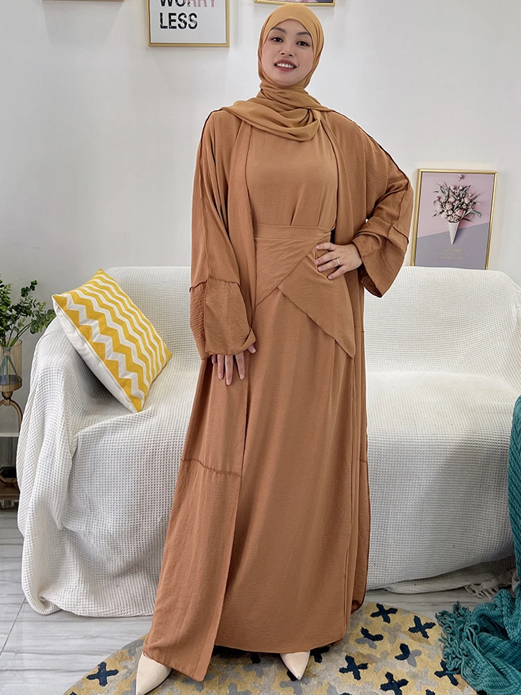 3 Piece Abaya Set Muslim Women Matching Outfits Kimono Cardigan+Short ...