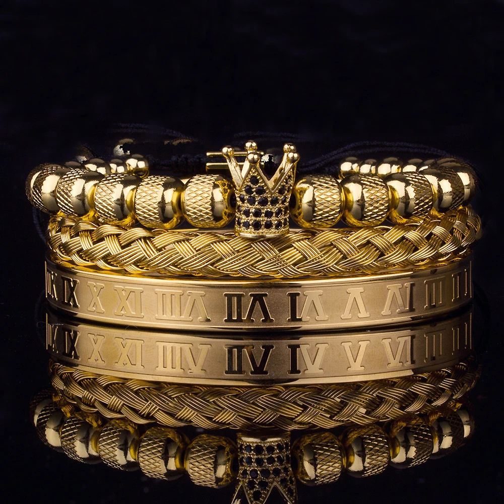 3pcs/set Luxury Gold Royal Cz King Crown Men Bracelets Roman Numeral ...