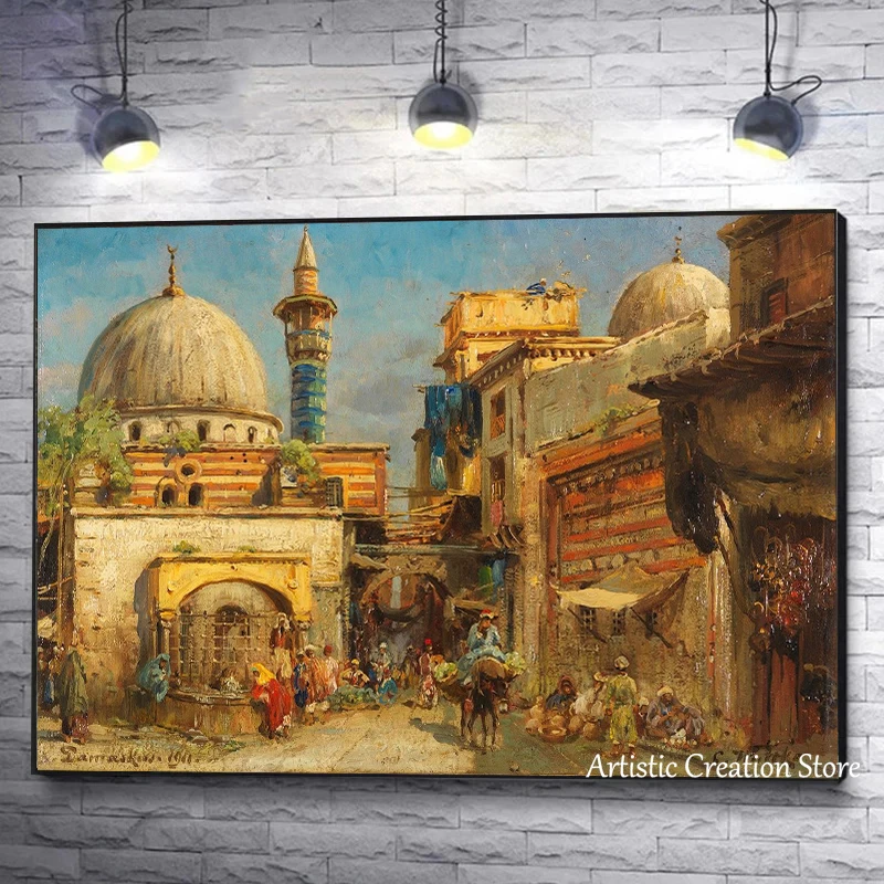 Vintage-Arab-Syria-Middle-Eastern-Art-Market-In-Damascus-Poster-Mosque ...