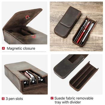 Luxury Genuine Leather 3 Slots Pen Case With Removable Pen Tray Holder ...